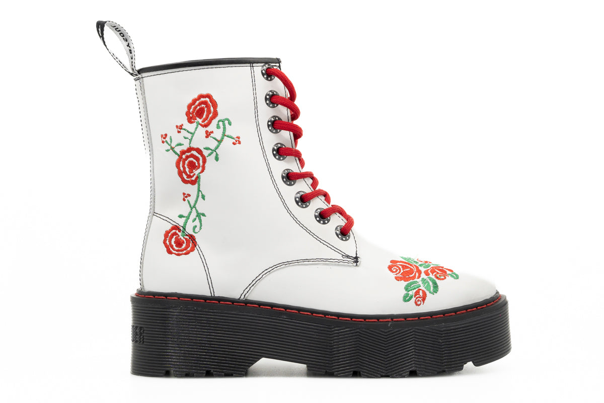 Botas Con Plataforma, Piel Napa, Blanco, Rosas Bordadas - Offlander